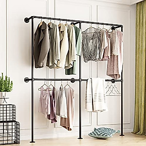 BOSURU Industrial Pipe Clothing Rack Wall Mounted,Clothes Racks with Double Hanging Rods for Closet Storage(Black)