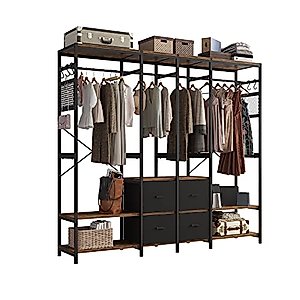 6ft Tall Walk In Closet Organizers And Storage System Heavy Duty Metal Closet Organizer With Parallel Bars, Shelves, Drawers And Clothes Hooks for Bedroom, Wardrobe Storage Rack Black & Walnut Brown