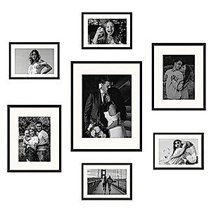 Frametory, Aluminum Gallery Wall Frame Set with Ivory Color Mat - 7 Pack of Metal Picture Frames with Real Glass - Four 5x7, Two 8x10, One 11x14 - Great for Photos, Artworks, Posters (Black)