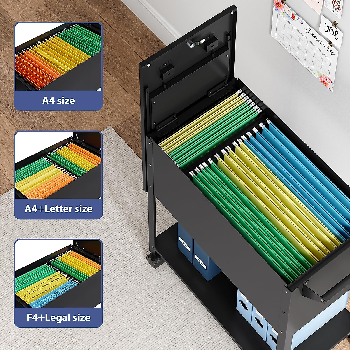 NODHM Metal Mobile File Cabinet, Rolling File Cart File Box with Sliding Cover and Wheels, Rolling Filing Cabinet Locking Tool Storage Cabinets for Home Classroom Office