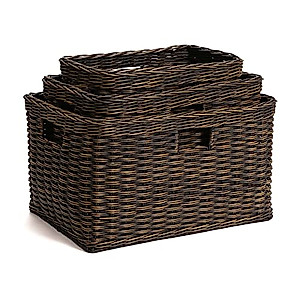 The Basket Lady Tall Rectangular Wicker Storage Basket, Medium, 20 in L x 13 in W x 11 in H, Antique Walnut Brown