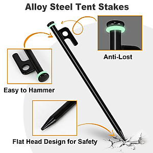 OUDEW Tent Stakes and Hammer Set,10pcs 10 in Heavy Duty Metal Tent Stakes + 12in Camping Hammer + Reflective Camping Rope + Storage Bag,Camping Accessories for Ground,Camp and Graden(Black)