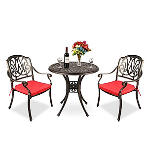 TITIMO 3 Piece Cast Aluminum Patio Dining Set,Outdoor Furniture Bistro Set, All-Weather Cast Aluminum Conversation Set Includes Table and Chairs w/Cushions and Umbrella Hole for Patio Garden (Red)