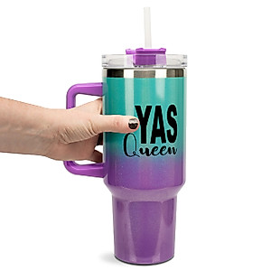 Elanze Designs Yas Queen Royal Crown Girl Power 40 oz. Stainless Steel, Large Water Bottle Coffee Mug, Spill & Leak Resistant, Thermal Travel Tumbler with Handle, Lid & Straw, Teal/Purple