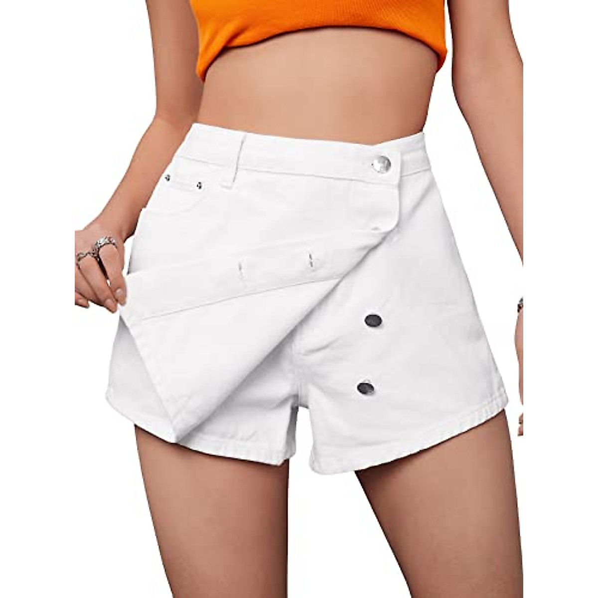 SweatyRocks Women's Casual High Rise Button Front Wrap Denim Skort Skirt with Pocket White 30