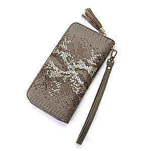 CYANB Women Wallets Tassel Bifold Ladies Cluth Wristlet Wrist strap Long Purse Snake Print Sequins Dark Brown