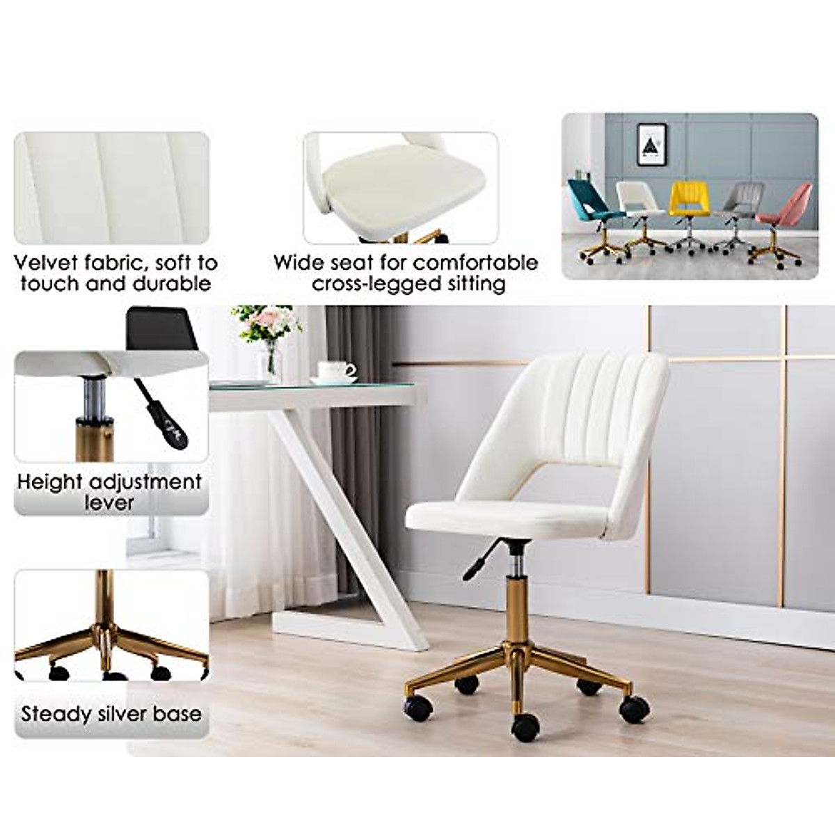 Kmax Velvet Desk Chair Swivel Home Office Task Chair Cute Vanity Chair with Wheels for Girls, Kids, Teens, Living Room, Office, Bedroom, Dressing Room, White