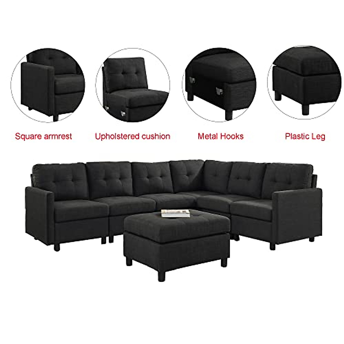 Moxeay Convertible Sectional Sofa with Ottoman Modular Sectional Sofa L Shaped Couch 6 Seater Sectional Couches for Living Room Apartment, Dark Grey