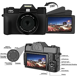 eDealz 4K 48MP Digital Camera Photography with 3’’ 180° Flip Screen, WiFi, 16X Zoom, Rechargeable Battery, 64GB Micro SD Card, 6 PC Card Holder USB Card Reader (Black)