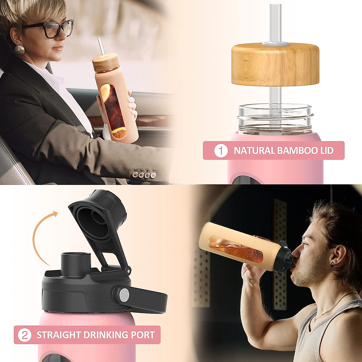 Kodrine Glass Water Bottles with Straw, 32 oz Water Bottle with 2 Lids - Handle Spout Lid & Bamboo Straw Lid, Silicone Sleeve, Wide Mouth, Leakproof, BPA Free(Amber)