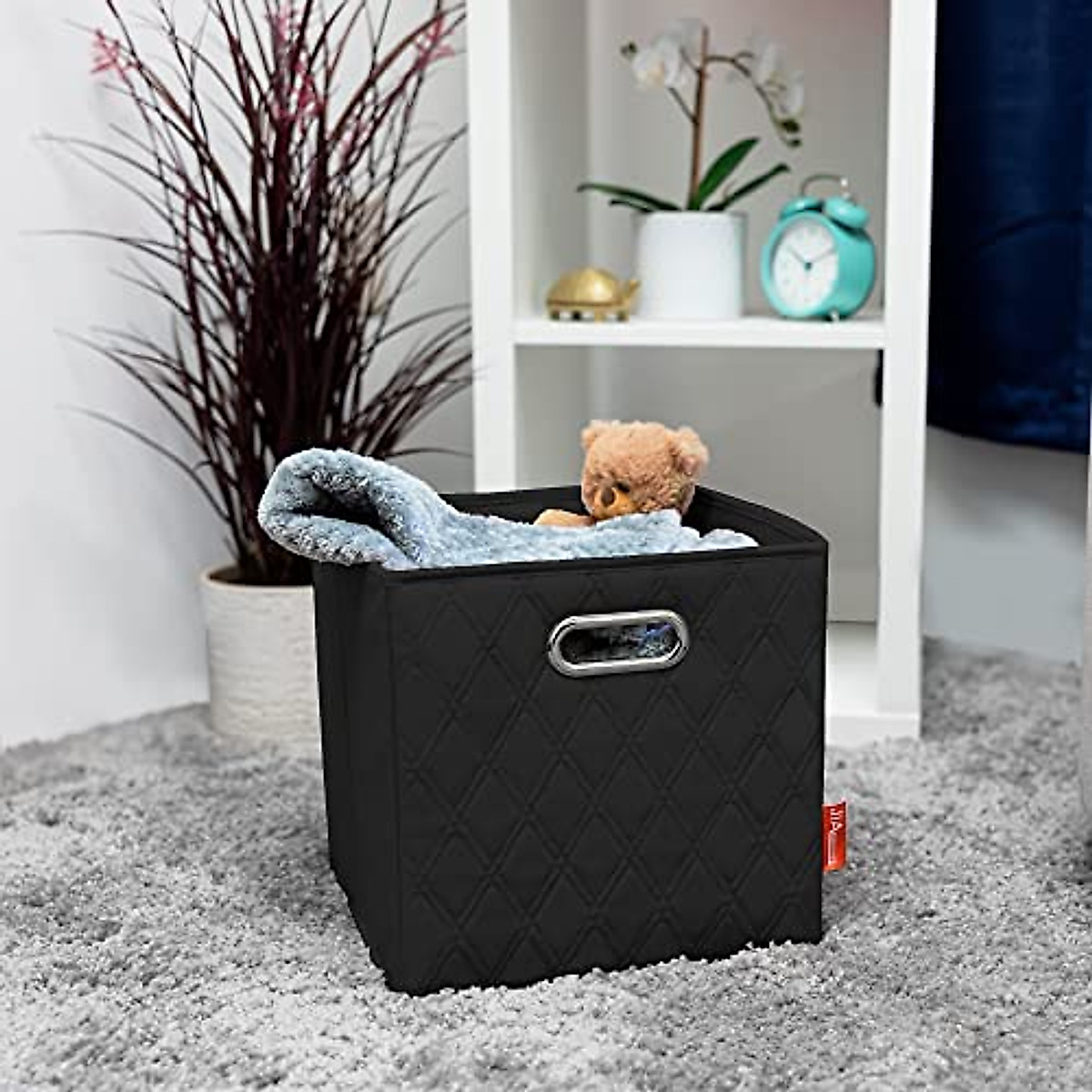 JIAessentials Large 13-inch Black Foldable Diamond Patterned Faux Leather Storage Cube Bins Set of Four with Handles with Dual Handles for living room, bedroom and office storage