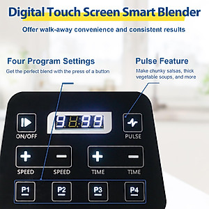 CRANDDI Smart Blender Digital Touch Screen with Removable Cover, 2200W Quiet Shield Blender, 52oz Commercial Blender with 4 Program for Juice, Smoothies, Frozen Drinks & More, K80TS, Black