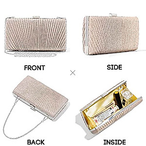 Yokawe Women's Evening Bag Gold Glitter Pleated Clutch Purse Bridal Wedding Party Prom Handbag (Champagne)