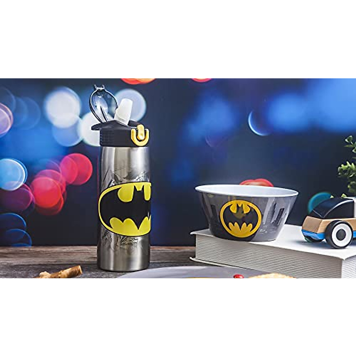 Zak Designs DC Comics Dinnerware 3 Piece Set Includes Plate, Bowl, and Water Bottle, Non-BPA, Made of Durable Material and Perfect for Fans (18/8 Stainless Steel, Batman)