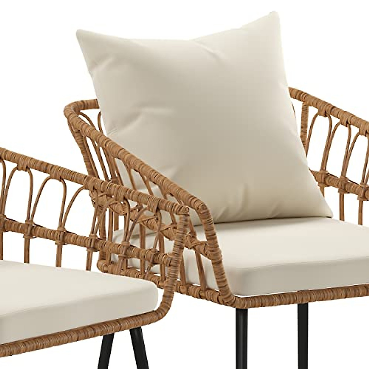 Flash Furniture Evin Set of 2 Boho Indoor/Outdoor Patio Chairs - Natural Finish Faux Rattan Wicker - Cream All-Weather Cushions - Integrated Armrests