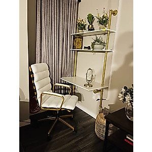 MAIKAILUN White and Gold Desk, 36" Ladder Desk, Wall Mount Computer Writing Table Pipe Shelf Shelving Mini Narrow Industrial Modern for Small Spaces(36x20x81)