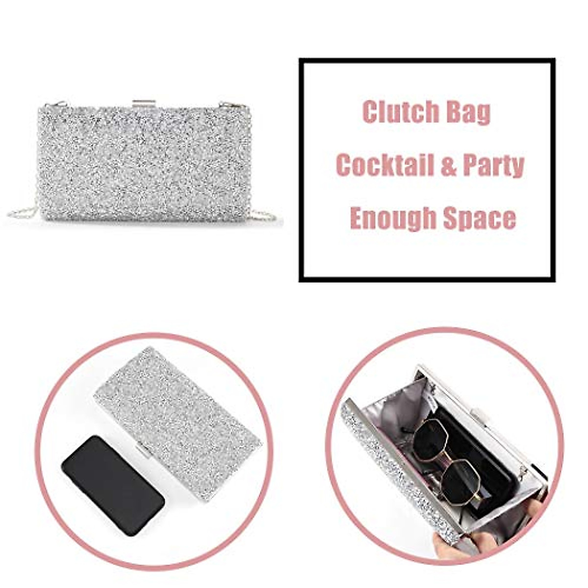 ELABEST Glitter Evening Clutch Bag Rhinestone Handbag Crossbody Purse Wedding Party Bag for Women and Girls (Single-sided silver crystal)
