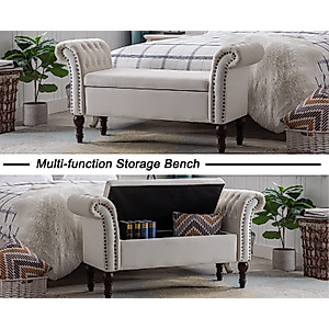 QUINJAY Velvet Tufted Upholstered Storage Bench, Cream, 33.5 in L x 16.5 in W x 26 in H