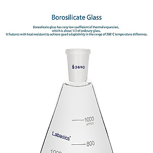 Labasics Glass 24/40 Erlenmeyer Flask, Borosilicate Glass Heavy Wall Flask with 24/40 Standard Taper Outer Joint, 1000 ml