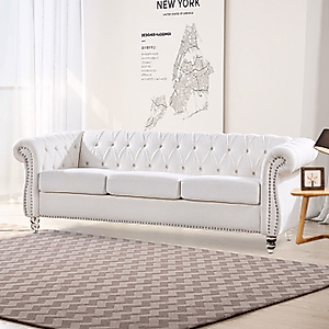Vaztrlus White Velvet Couches for Living Room 3-Seater Chesterfield Sofa Tufted Sofa Furniture Couch Nailhead Upholstered Couches Minimalis Light Luxury Easy to Assemble