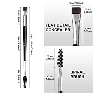 Bueart Design PRECISION Concealer brush for eyebrows Dual Ended Detail Flat Eyeliner definer Brow Brush with spoolies for eyebrow eyelash Spiral Brush Spoolie Mascara Brush
