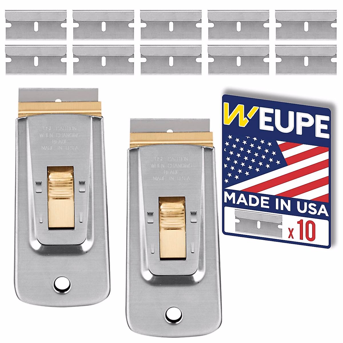WEUPE Razor Blade Scraper Tools (Set of 2), Window Scraper, Glass Cooktop Scraper & Paint Scraper, Car Decal, Sticker and Glue Remover Razor Holder with 10 Replaceable Single Edge Blades
