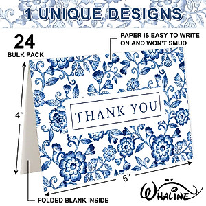 Whaline 24 Packs Floral Thank You Cards Blue White Chinoiserie Flower Greeting Cards Blank Note Cards with Envelopes and Stickers for Wedding Birthday Baby Shower Party, 4 x 6 Inch