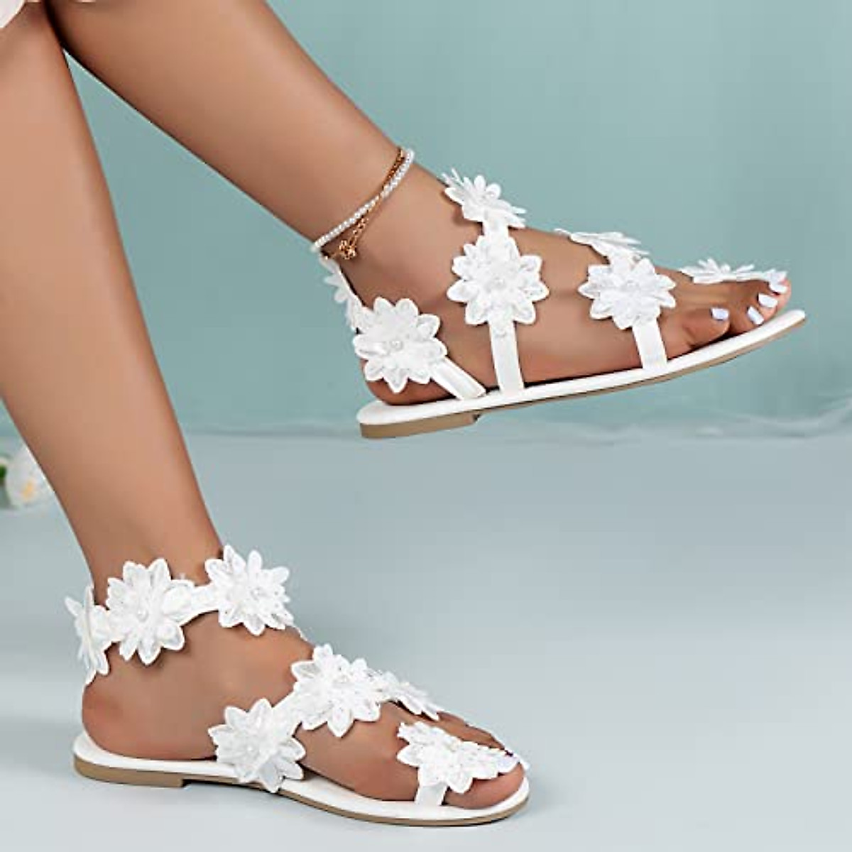 Womens Sandals Bohemia Peals Flower Gladiator Sandals Toe Ring Slip on Flats Sandals Casual Summer Beach Shoes