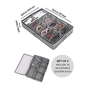 DECOLUXE Set of 2 Under Bed Shoe Organizer and Storage with Customizable Dividers up to 24 Pairs Total