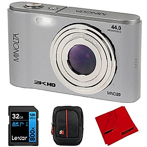 Minolta MND20-S 44 MP 2.7K Ultra HD Digital Camera, Silver Bundle with Lexar 32G BUHS-I SDHC Memory Card, Deco Photo Point and Shoot Camera Case and Deco Photo Microfiber Cleaning Cloth