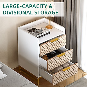 YITAHOME Nightstand with 3 Drawers, Modern Bedside Table with Chevron Design and Gold Metal Legs, Small End Side Table, Night Stands with Lip, for Bedroom, Set of 2