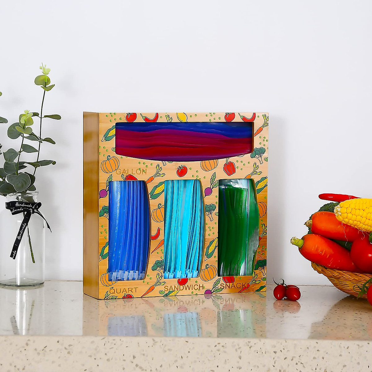 UPTRUST Ziplock Bag Storage Organizer, Farmhouse Wood Kitchen Food Baggie Dispenser Box for Kitchen Drawer Organizer, Compatible with Most Brands Gallon Bag, Quart Bag, Sandwich Bag, Snack Bag