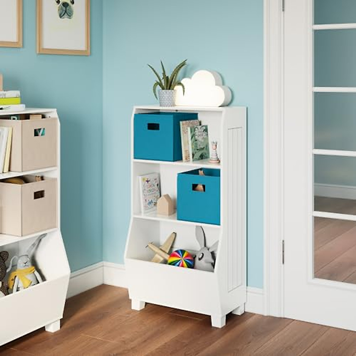 RiverRidge Kids Bookshelf with Veggie Storage Bin and 2 Open Shelves - Kids Storage Organizer, Toy Shelf & Kids Book Shelf with Deep Veggie Bin and Top Toy Display Area