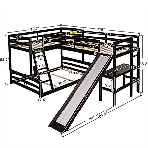 Woanke Twin Over Full Bunk Bed with Twin Size Loft Bed, L-Shaped Wooden Twin Size Loft Bed Frame with Desk, Slide & Full-Length Guardrail for Kids Teens Adults Bedroom, No Box Spring Needed, Espresso