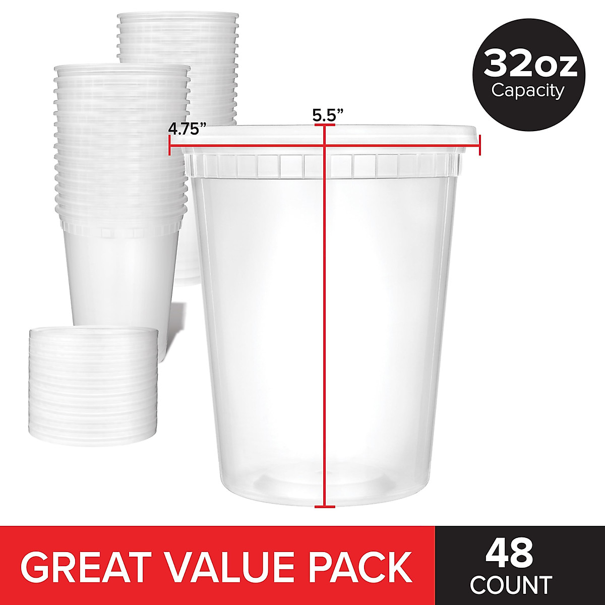 Stock Your Home 32oz Plastic Deli Containers with Lids (48 Pack), Disposable Plastic Food Storage Containers with Lids, Reusable Freezer Containers, To Go Soup Containers with Lids, Microwave Safe