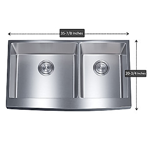 Dowell 10" Deep Apron Front Farmhouse Undermount Double Bowl 35-7/8x20-3/4 Stainless Steel Kitchen Sink (16 Gauge, 6008 3620D)
