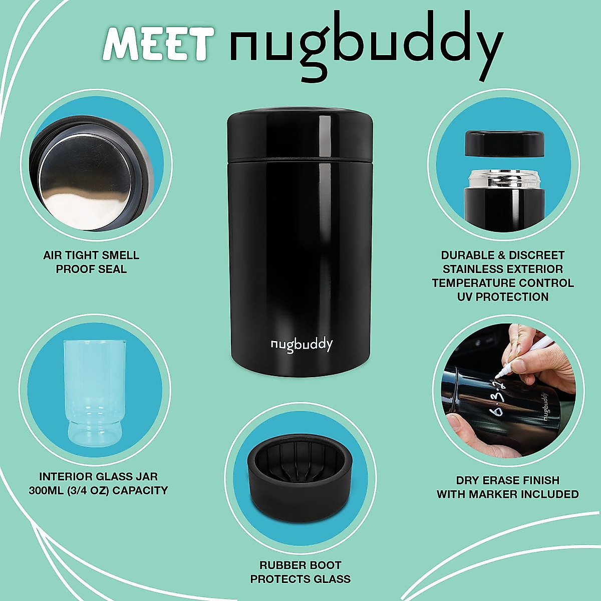 Nugbuddy Airtight Storage Container - Vacuum Sealed Insulated w Nested Glass Jar - UV Protection, Temperature Controlled Stainless - Stays Fresh - Whiteboard Finish w Marker Included - 300 ml (3/4 Oz)