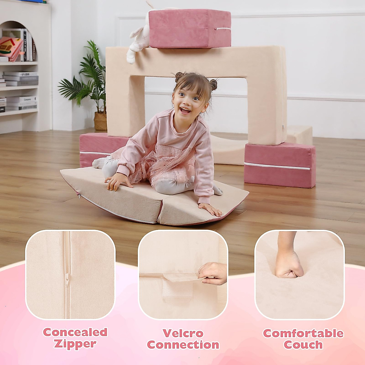 GudoInsole Play Couch Sofa for Kids Tunnel Fold Out Sofa Convertible Lounger Sofa Foam Playset for Creative Child Girls and Boys Playroom (Pink)