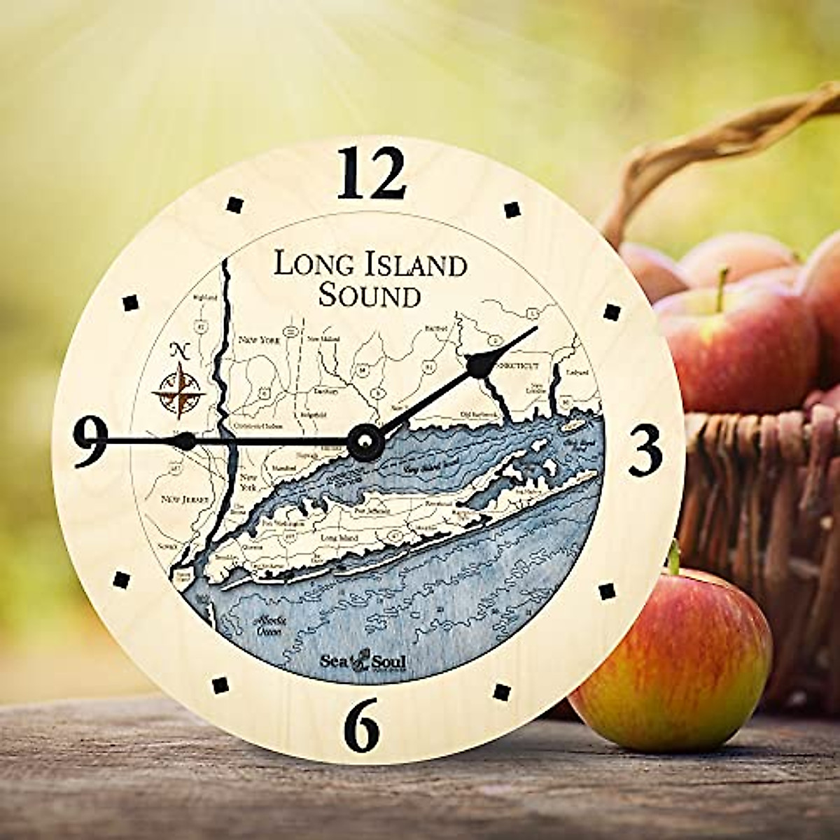 Sea & Soul Long Island Sound 3-D Nautical Wood Chart 12" Wall Clock, Handcrafted in The USA, Topographic Water Map Clock, Carved Lake Art Wall Clock, Coastal Décor (Deep Blue)