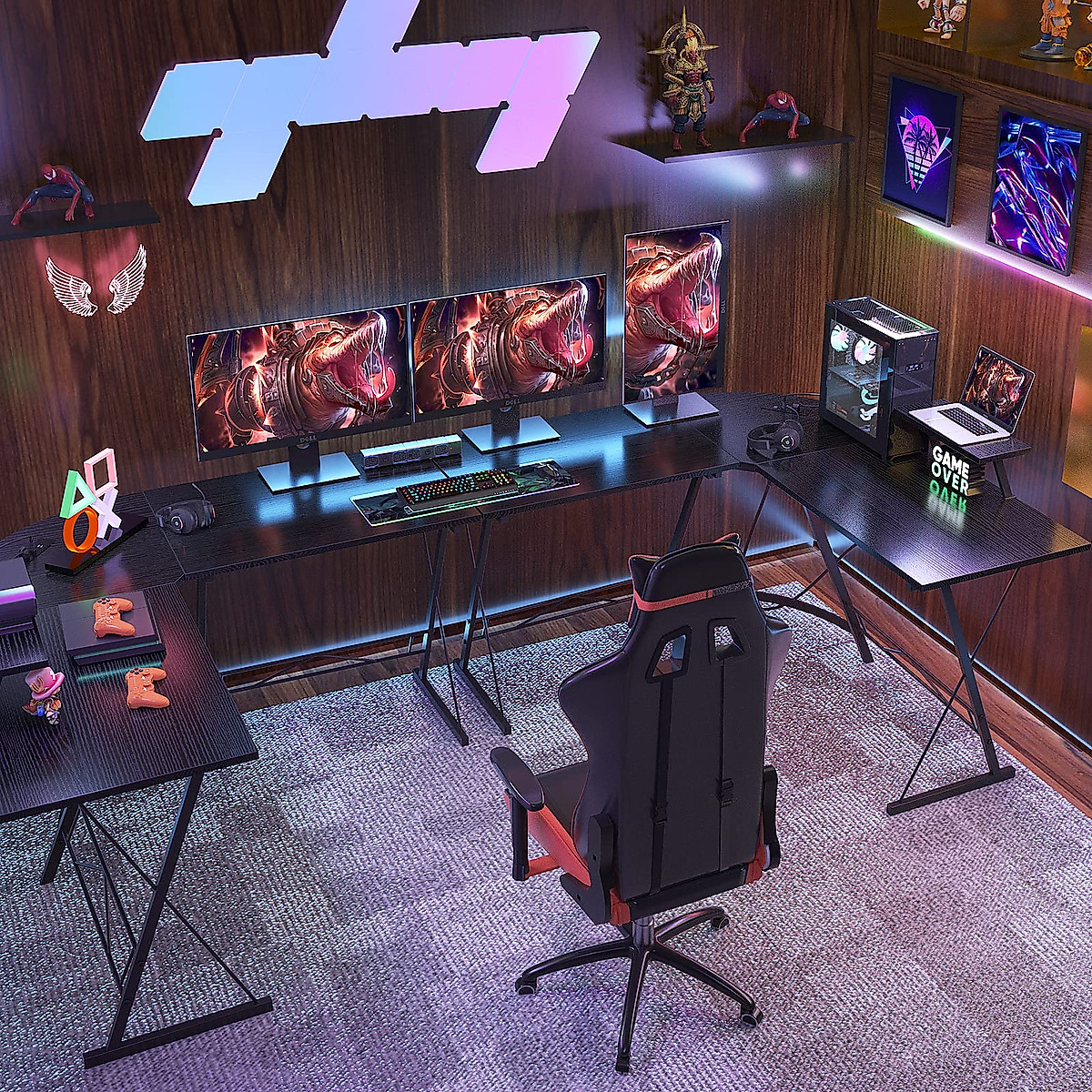 Ecoprsio L-Shaped Desk, Corner Desk with Outlets and USB Ports, Large L Computer Desk with Reversible Monitor Stand, 51 Inch L Shaped Gaming Desk for Gaming Room, Home Office, Workstation, Black