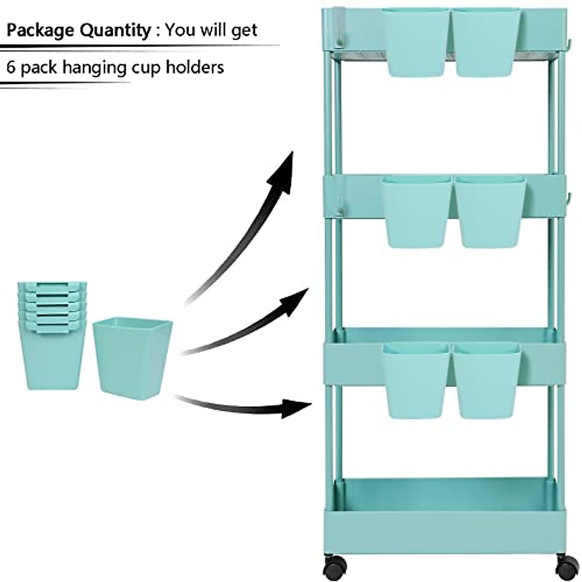 AYVANBER 6 Pack Hanging Cup Holder for Rolling cart Accessories Hooks Little Hanging Buckets Hanging Storage Bins Craft Supplies for Rolling Utility Cart Slim Storage Cart (Teal)