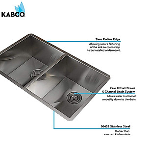 KABCO 32 Inch 16 Gauge Extra Thick Undermount Zero Radius Double Bowl Handmade Kitchen Sink with Stainless Steel Sink Strainers Bottom Sink Grids and a Rolling Grid Combo Package