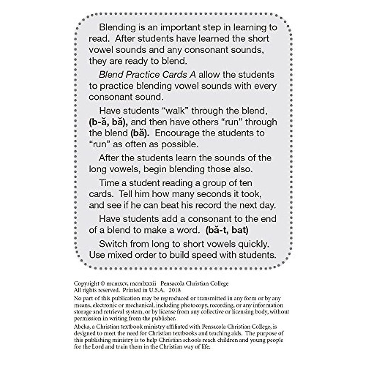 Blend Practive Cards A - Abeka Kindergarten 1st and 2nd Grade 1, 2 Phonics Reading Program Teaching Aid Flash Cards