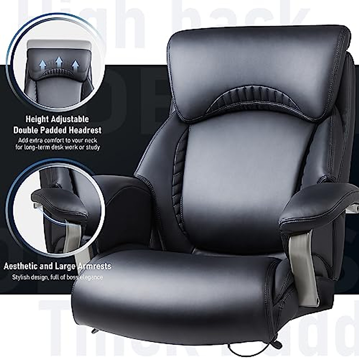 COLAMY Big and Tall Office 500lbs-Heavy Duty Ergonomic Computer Extra Wide Seat, High Back Executive Large Desk Chair with Thick Bonded Leather and Tilt Rock, Adjustable Lumbar Support-Black
