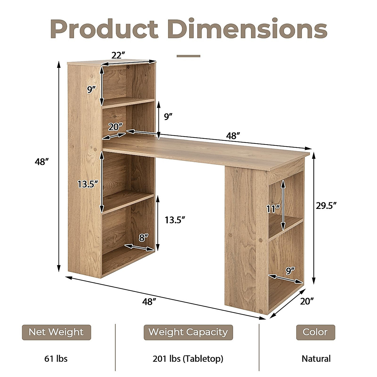 GRAFFY Computer Desk with Shelves, Natural