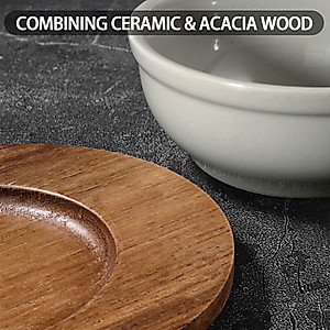 Artena 12 oz Solid Ceramic Chip and Dip Serving Set with Acacia Wooden Tray, 5-inch Grey Dipping Bowls, Small Serving Bowls for Side Dishes, Salsa, Appetizer, Serving Dishes for Entertaining