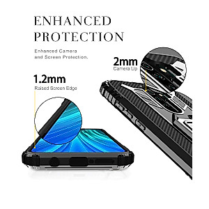 Avesfer for Xiaomi Redmi Note 8 Pro Case with Screen Protector Tempered Glass Ring Holder Kickstand Shock Absorbing TPU Phone Cover Ring Holder Kickstand Scratch Resistant Carbon Fiber (Black)