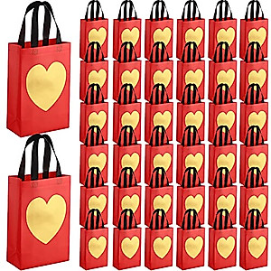 48 Pcs Red Gift Bag with Shiny Gold Heart Print Reusable Gift Bags with Handles Non Woven Red Tote Bag for Wedding Birthday Bridal Shower Engagements Party Anniversaries, 8 x 12 x 4 Inch(null)
