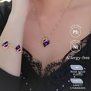 Leafael Rose Gold Plated Necklace for Women: Heart Shaped Dark Amethyst Pink Crystal Center, February Birthstone, Dazzling Cubic Zirconia, Hypoallergenic Chain (18"+2"), Jewelry Gifts for Her