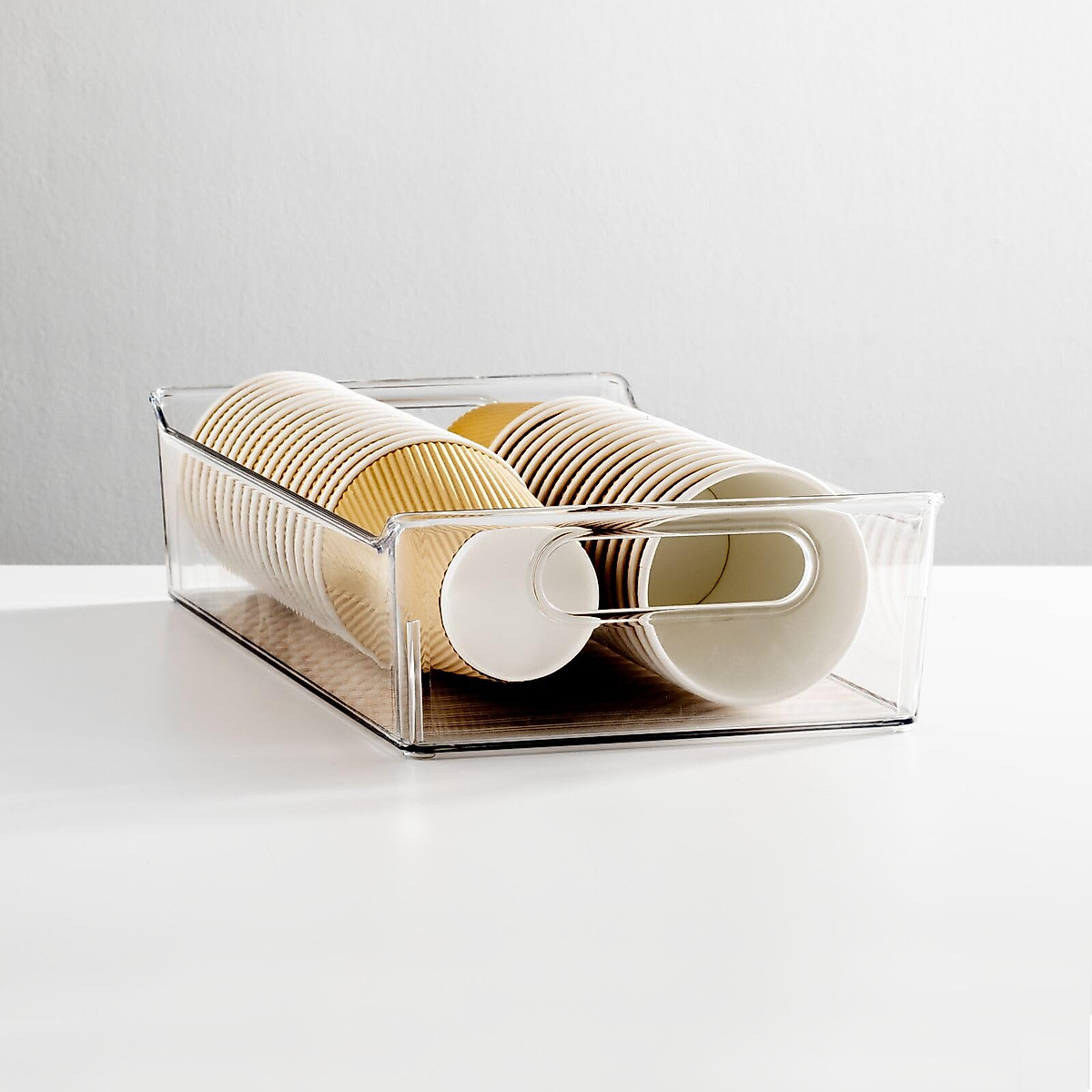 mDesign Slim Plastic Kitchen Storage Container Bins with Handles -Organization in Pantry, Cabinet, Refrigerator or Freezer Shelves - Food Organizer for Fruit, Yogurt, Squeeze Pouches - 4 Pack - Clear